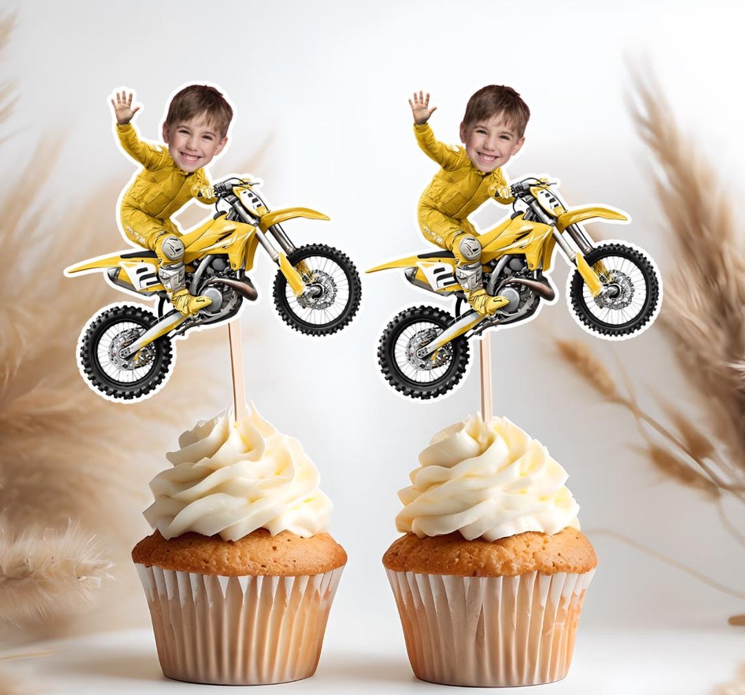 Yellow Dirt Bike Face Cupcake Toppers Custom, Motocross Birthday Decor ...
