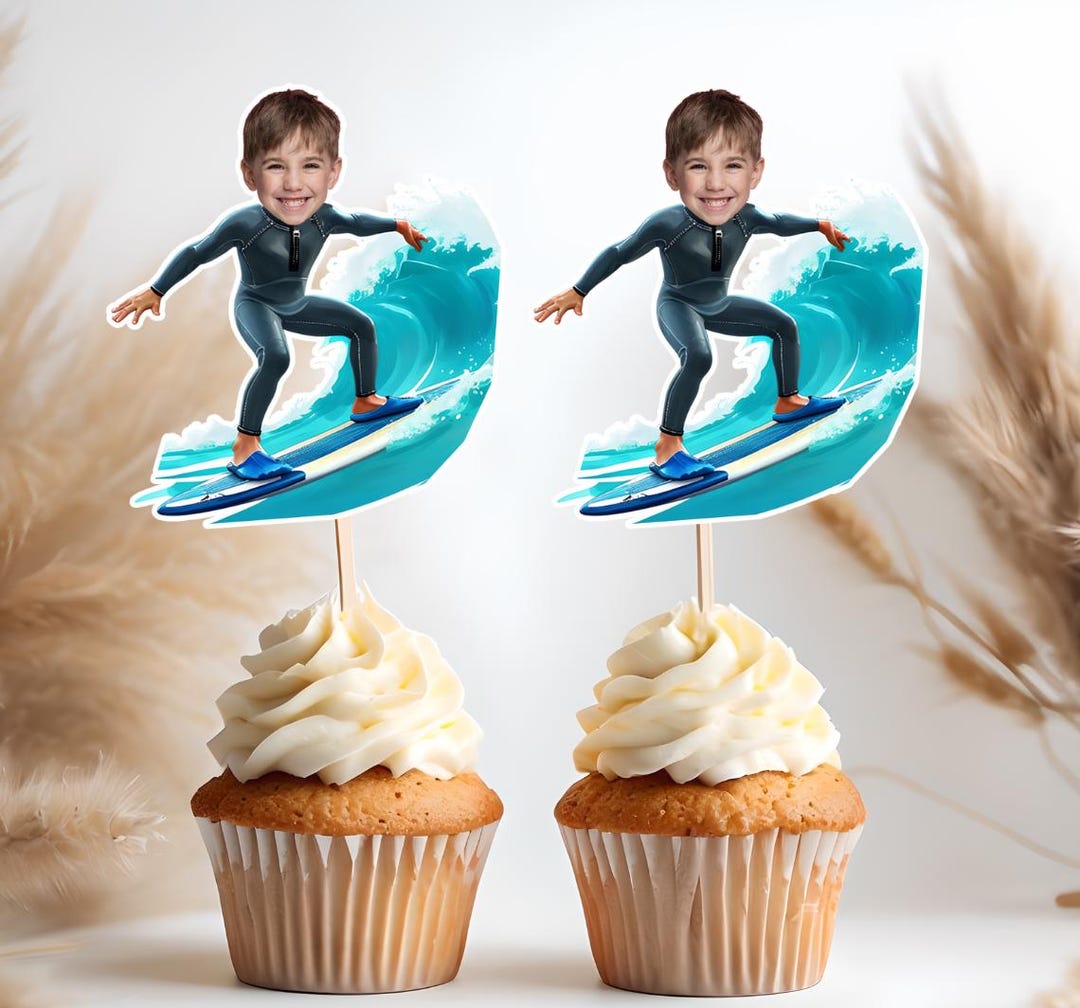 Surfer Face Cupcake Toppers, Beach Party Decor, Surf Theme Printable ...