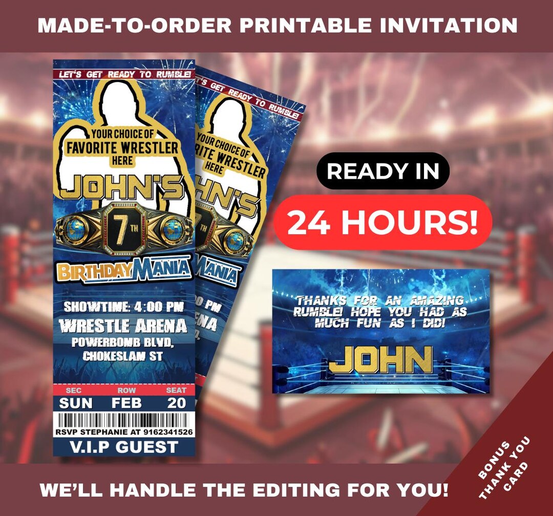 Wrestling Birthday Invitation, Custom Wrestling Party Invite, Wrestling ...