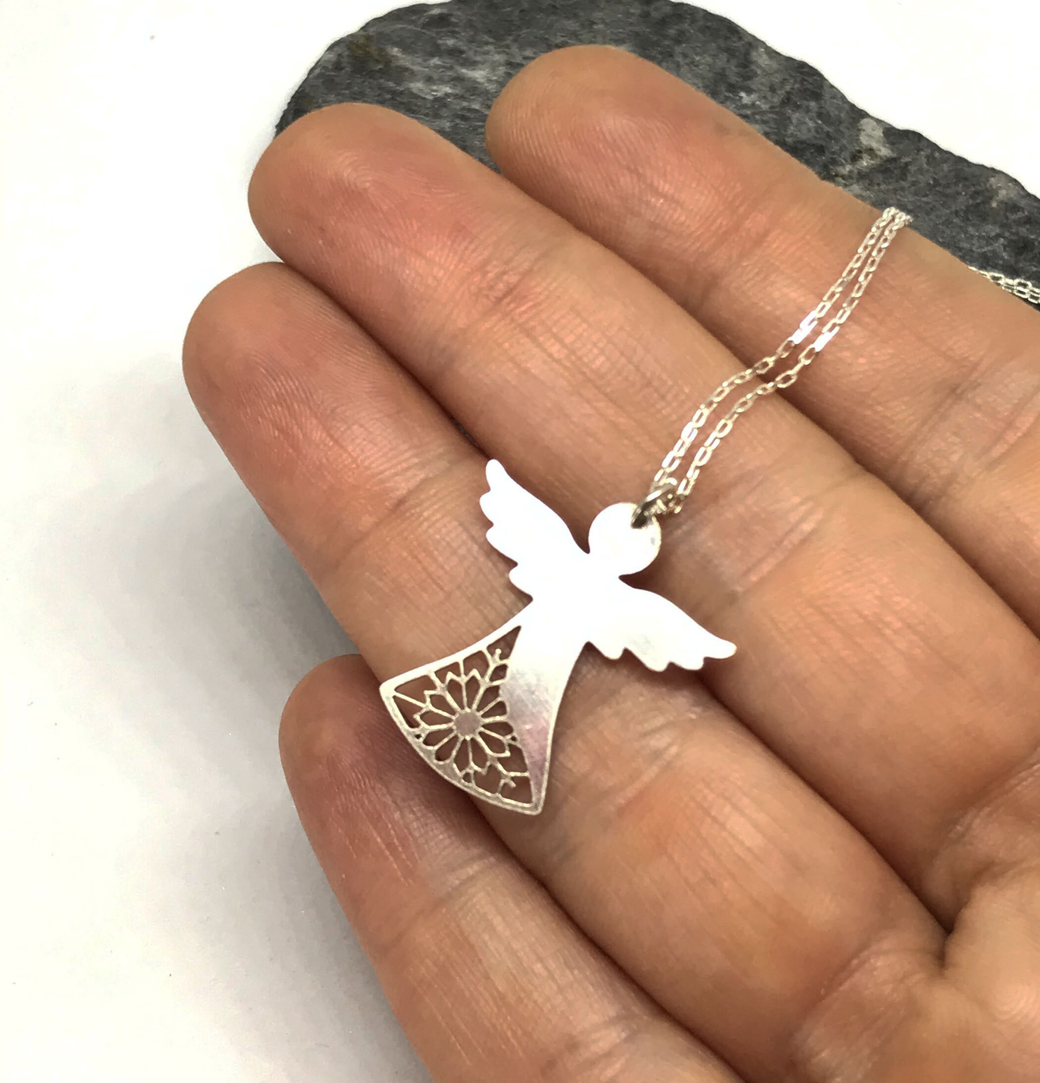 Silver Angel Necklace, Angel Wings Necklace, Dainty Angel Charm, Unique ...