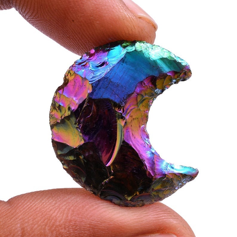 Natural Titanium Coated Obsidian Moon Shape Gemstone Lot of | Etsy