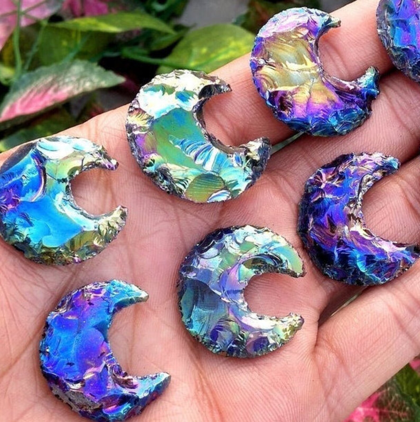 Natural Titanium Coated Obsidian Moon Shape Gemstone Lot of | Etsy