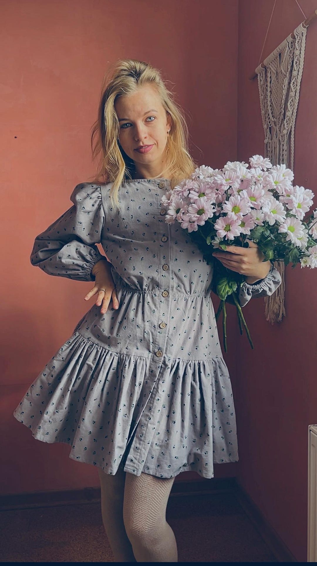 Cozy Flannel Mini Dress With Boat Neck, Lantern Sleeves, and Coconut ...