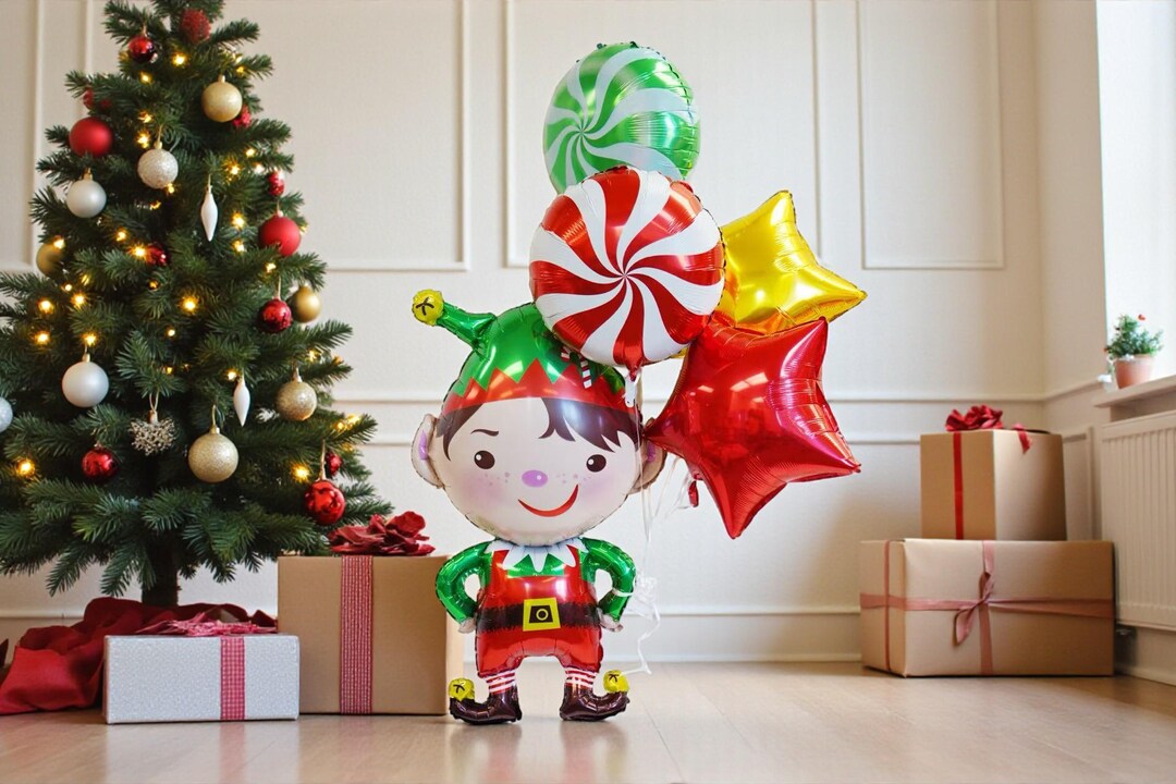 Christmas Elf Balloon Bouquet Party Decor Holiday Foil Balloons Red ...