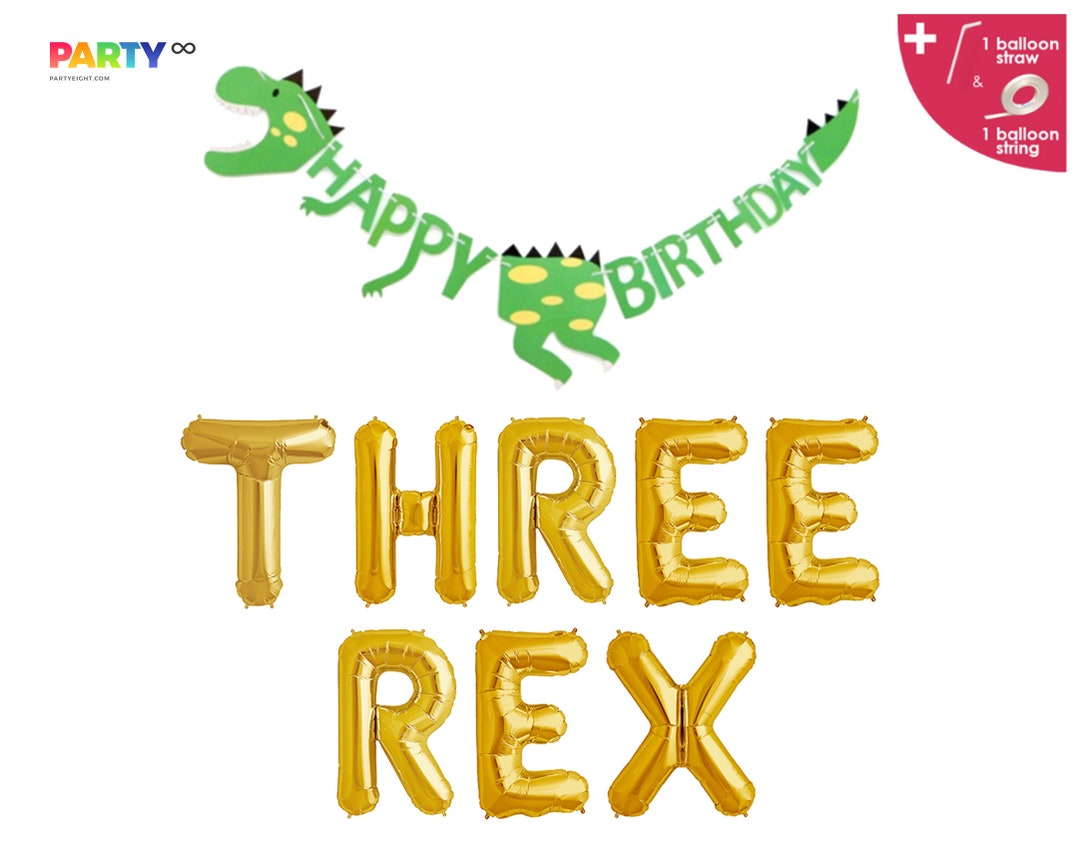 THREE REX Balloon Banner | 3rd Birthday Letter Balloons | Dinosaur ...