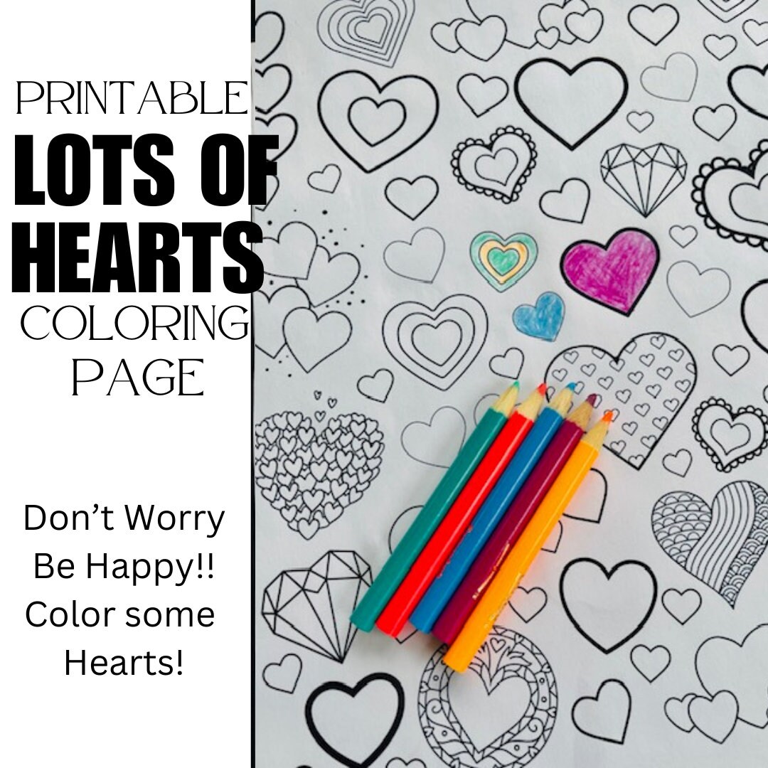 Hearts Printable Coloring Page, Cute Hearts Coloring Page, Digital ...