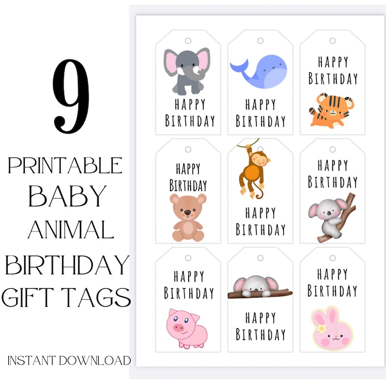 Printable Baby Animal Happy Birthday Tags, 9 Birthday Tags Animal ...