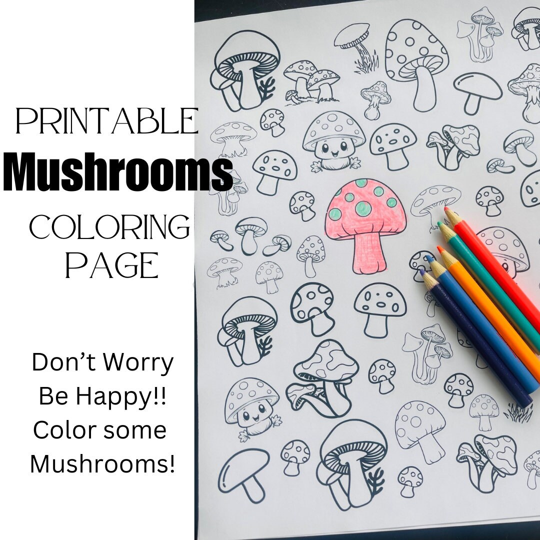 Mushroom Printable Coloring Page, Mushrooms Coloring Design, Digital ...