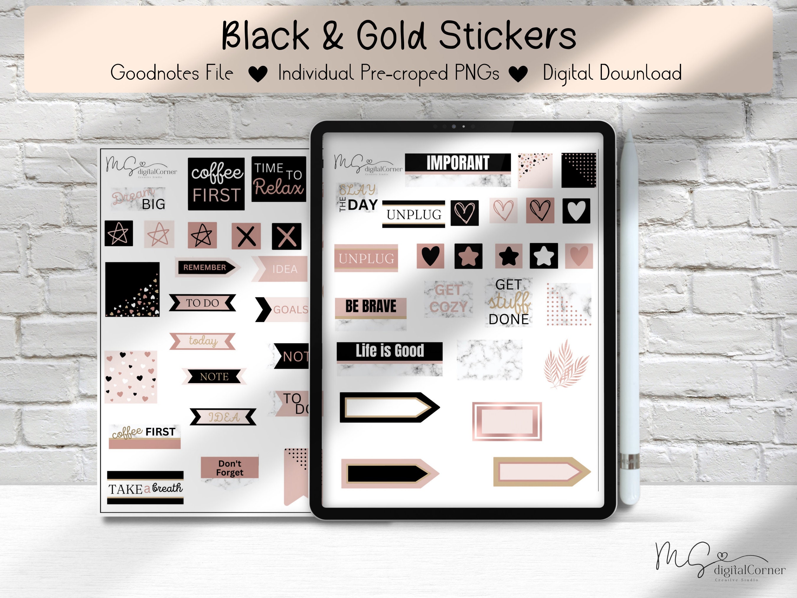 Black and Gold Digital Stickers, Digital Planner Stickers, Goodnotes ...