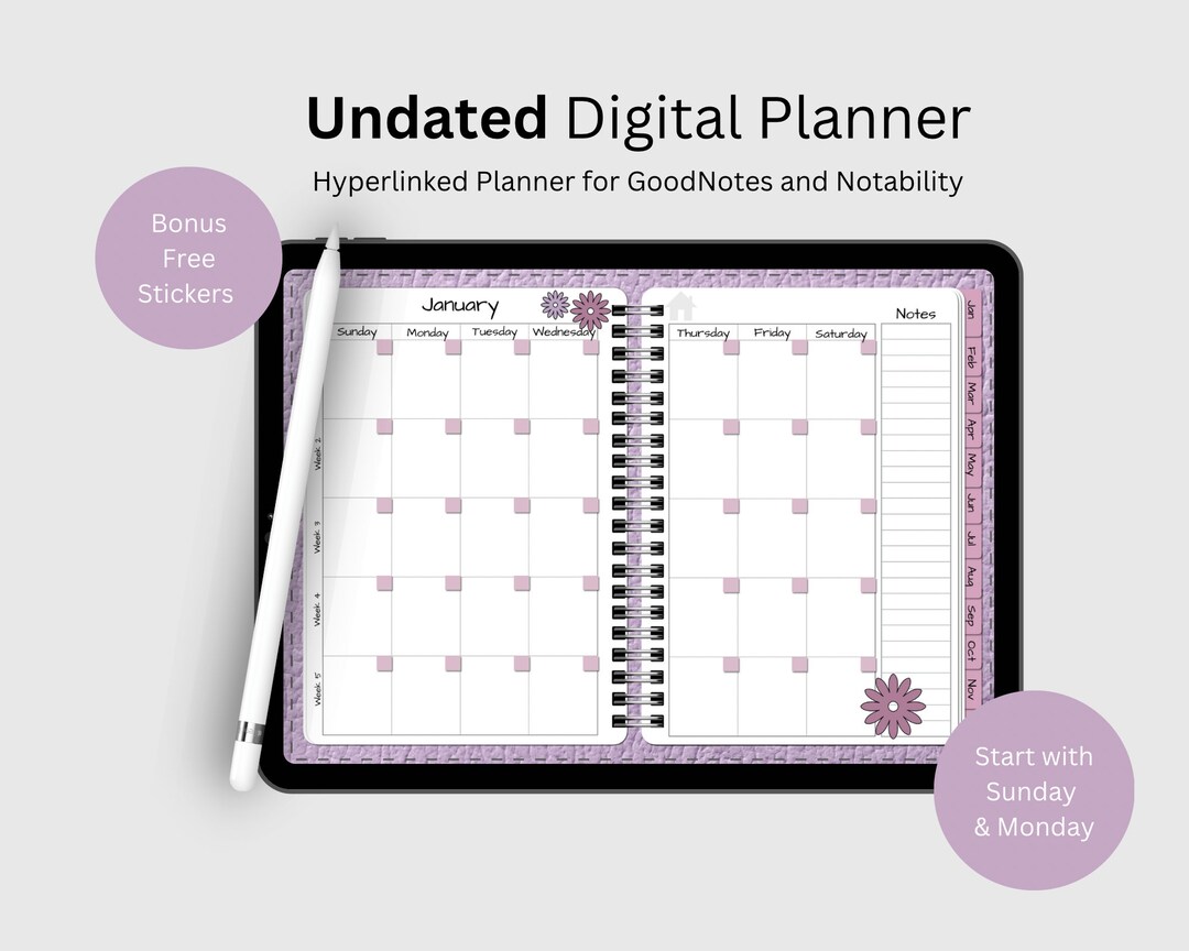 Undated Purple Digital Planner, Goodnotes Planner, Notability Planner ...