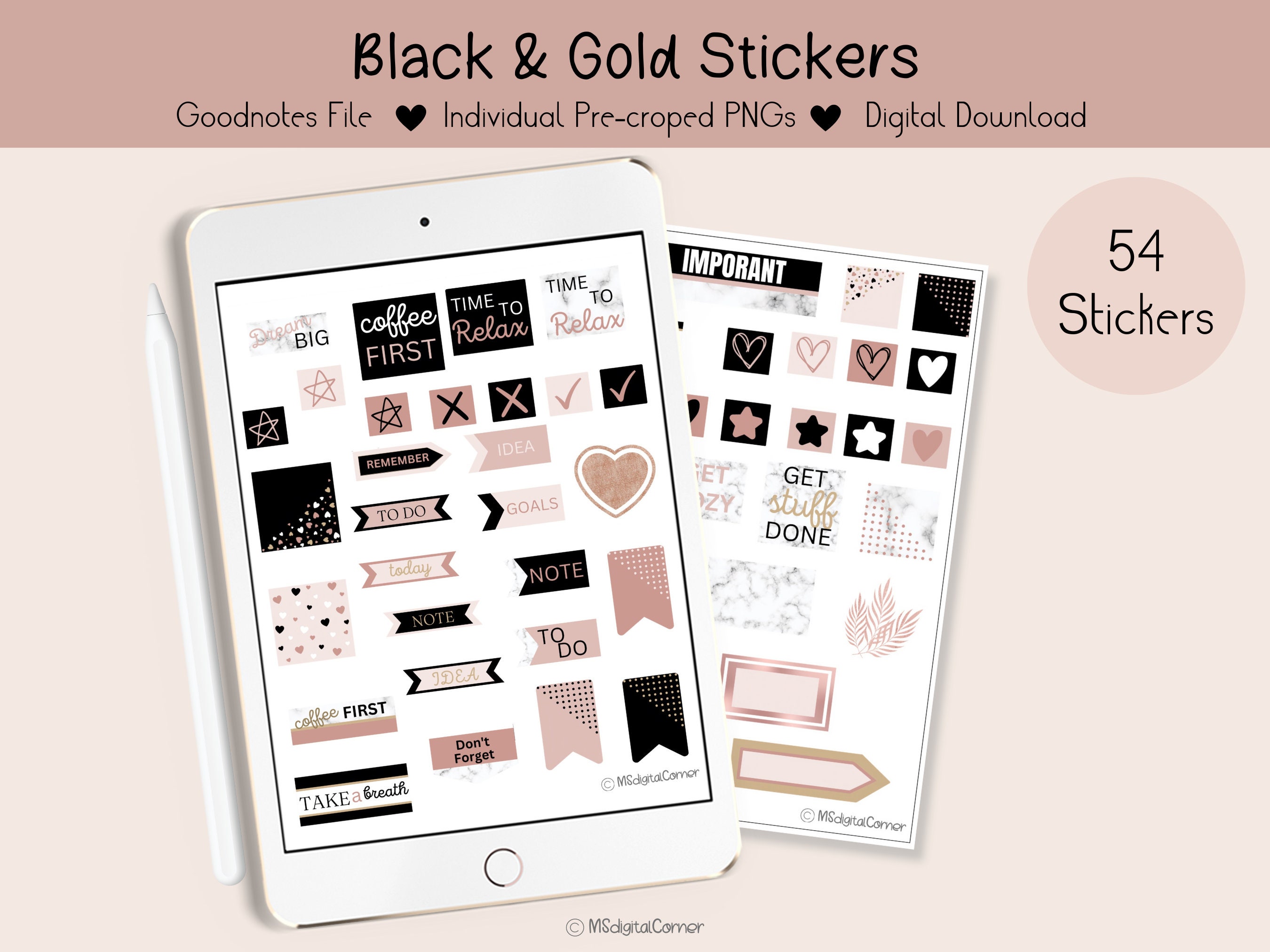 Black and Gold Digital Stickers, Digital Planner Stickers, Goodnotes ...