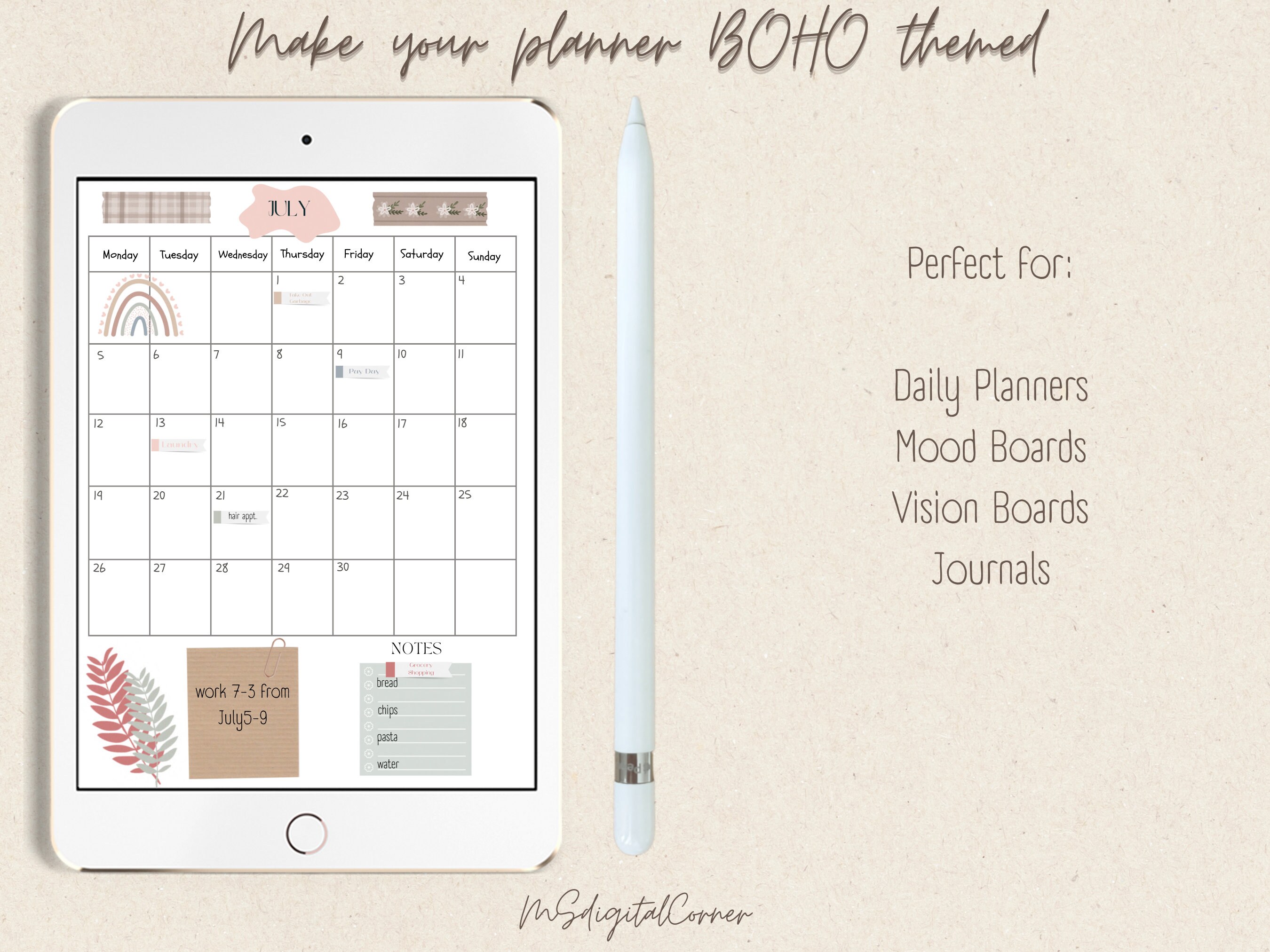 Boho Digital Stickers, Digital Planner Stickers, Goodnotes Stickers