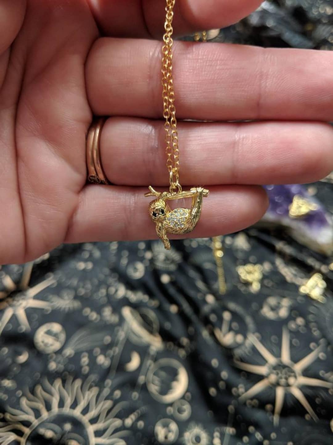 Sloth Spirit Animal Totem Amulet Necklace. 18k Gold Plated Brass and Cz ...