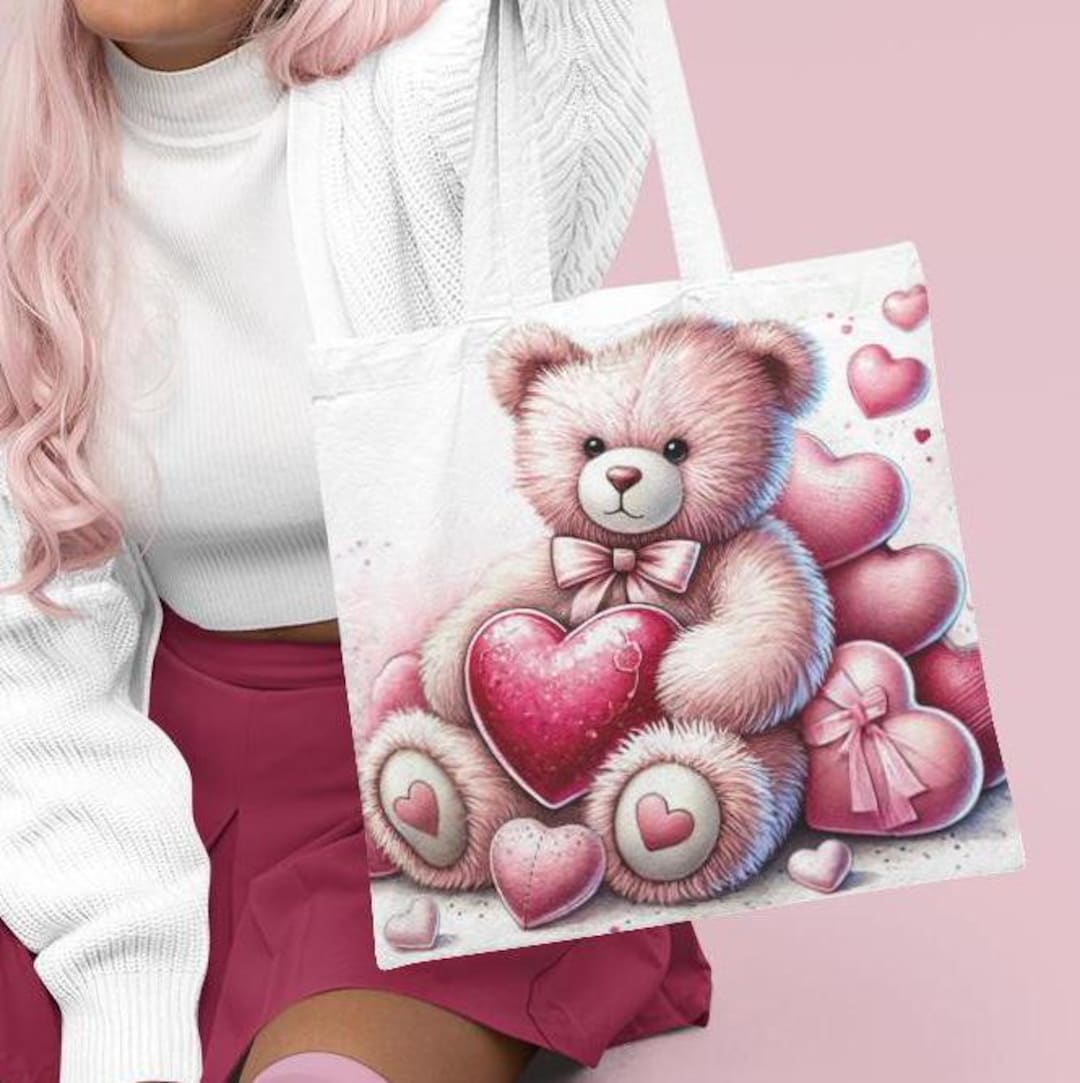 Teddy Bear Tote Bag Happy Valentines Day Design, Valentine's Day Gift ...