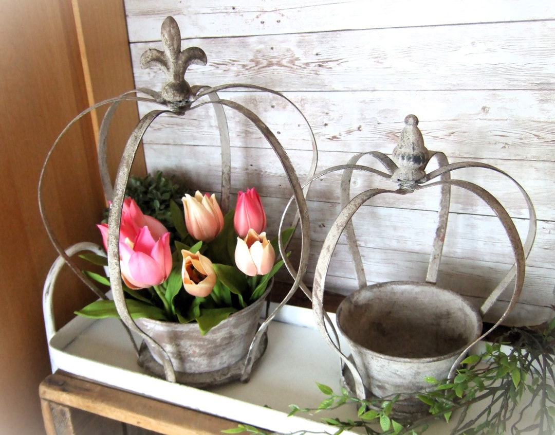 Plant Pot Crown, 2 Sizes, Antique - Grey Metal, Vintage Look, Shabby ...