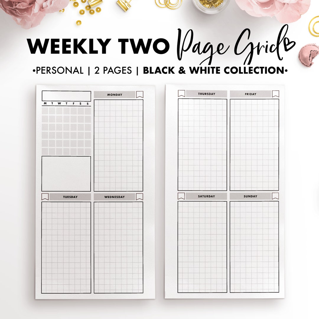 Planify Pro, Personal Size, Weekly Two Page Grid, Black and White - Etsy