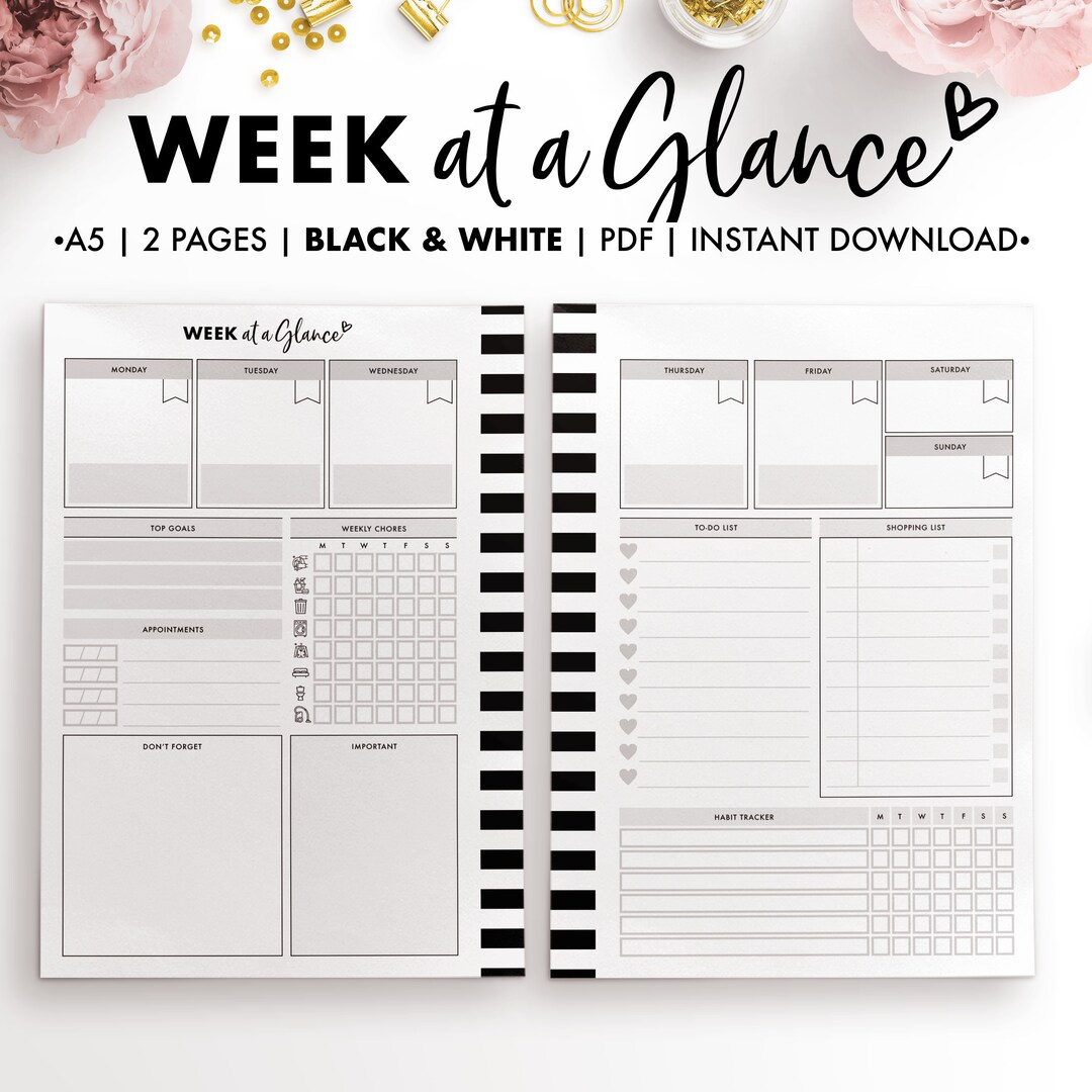 Planify Pro, A5, Week at a Glance, Black and White - Etsy