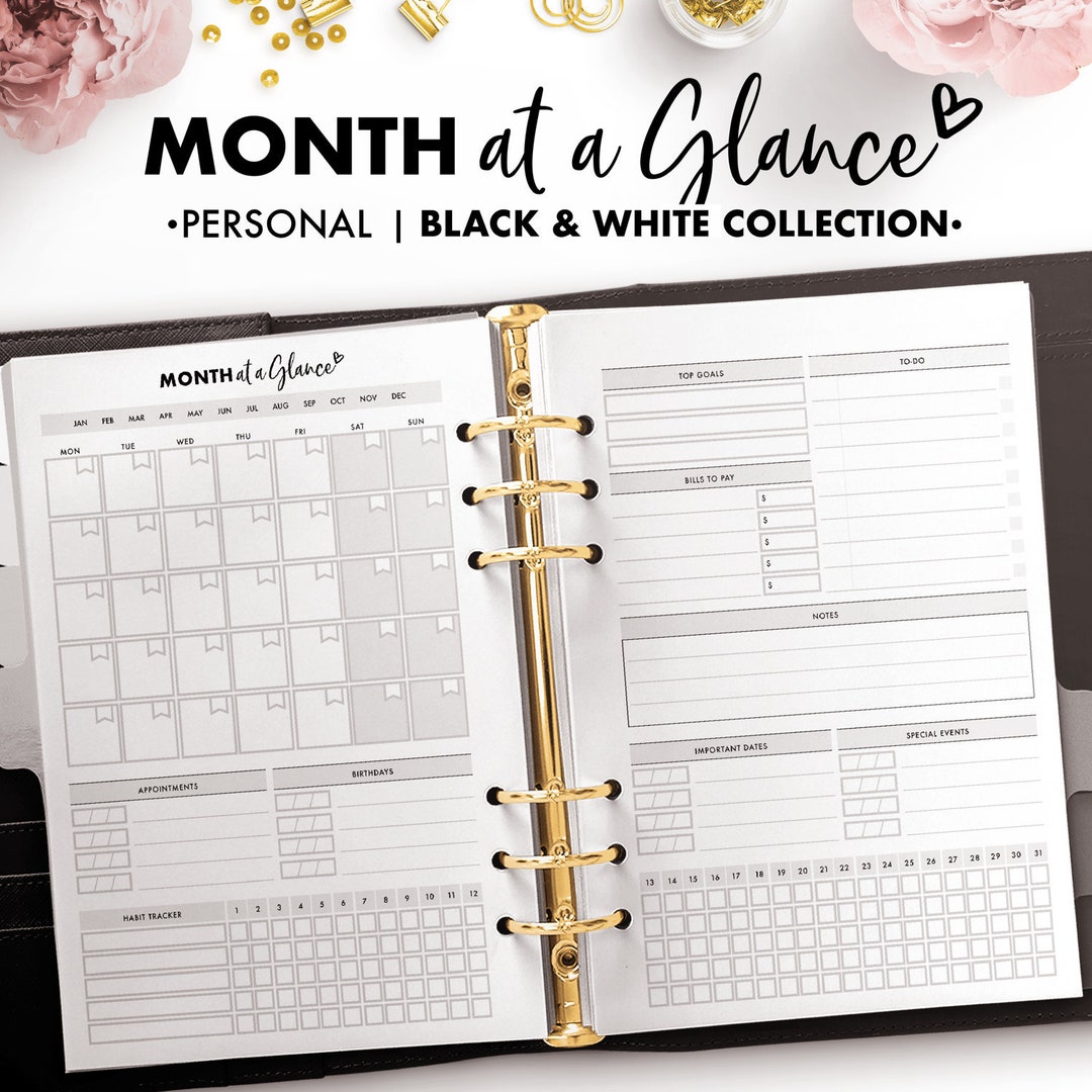 Planify Pro, Personal Size, Month at a Glance, Black and White - Etsy