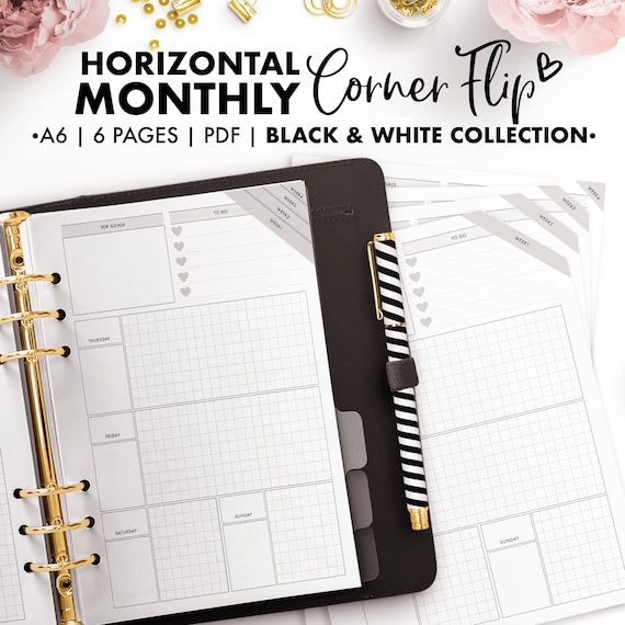 A6 Horizontal Monthly Corner Flip Black and White | Etsy