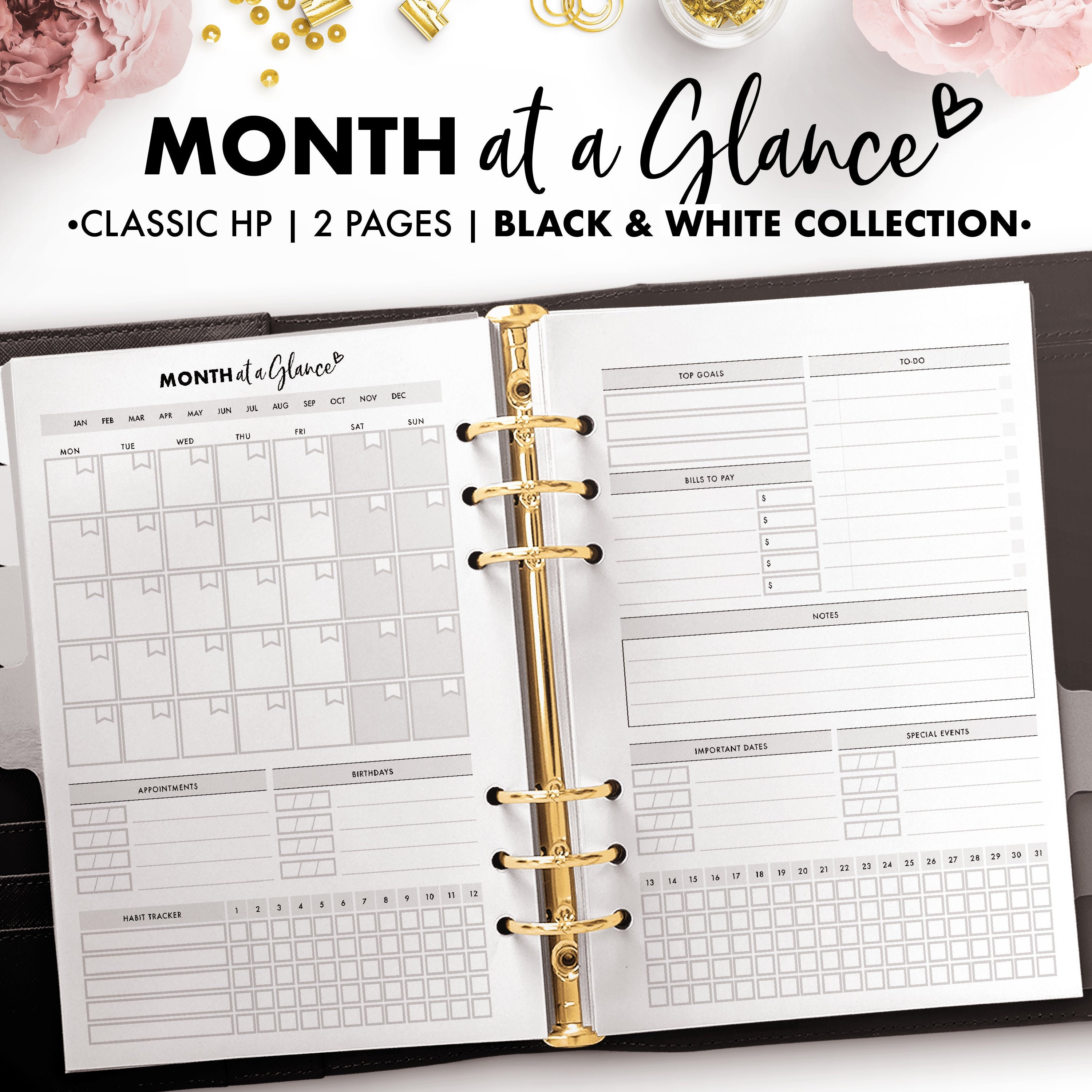Classic HP Month at a Glance Black and White - Etsy