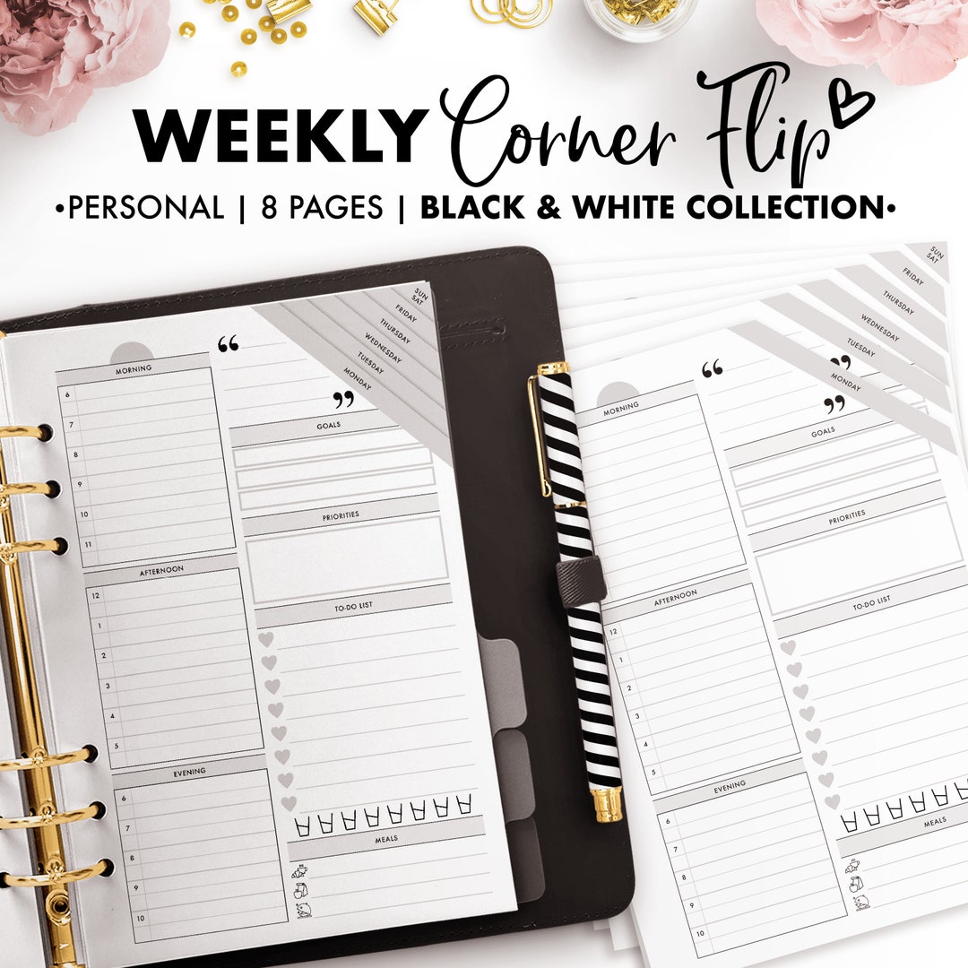 Planify Pro, Personal Size, Weekly Corner Flip, Black and White - Etsy