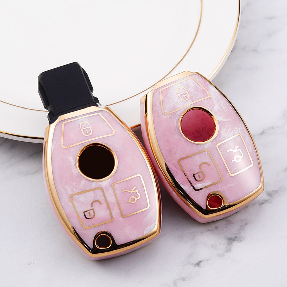 Mercedes Benz Stylish Key Fob Cover With Key Chain - Jade/marble Effect ...