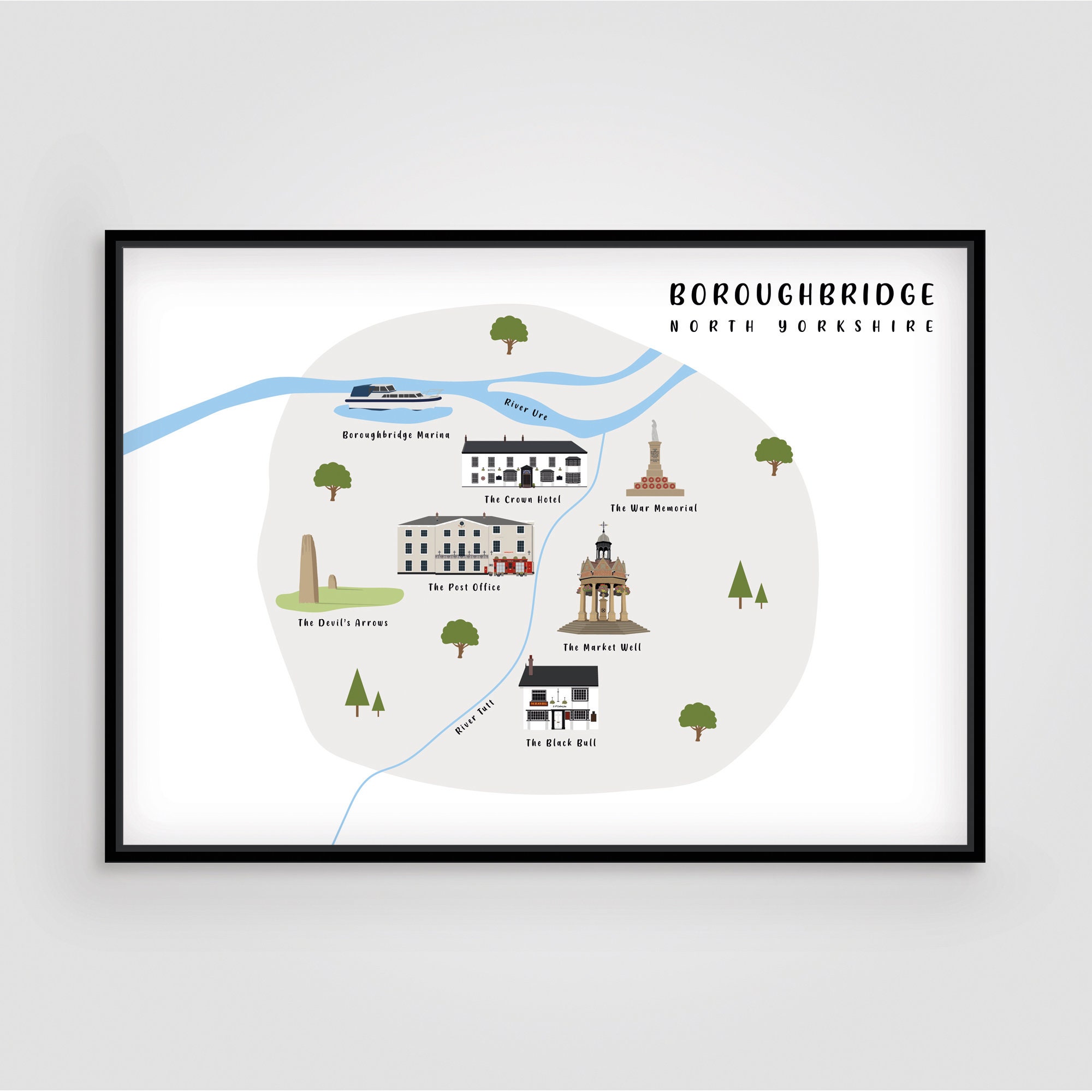 Boroughbridge Landmarks Map North Yorkshire Illustrated map | Etsy