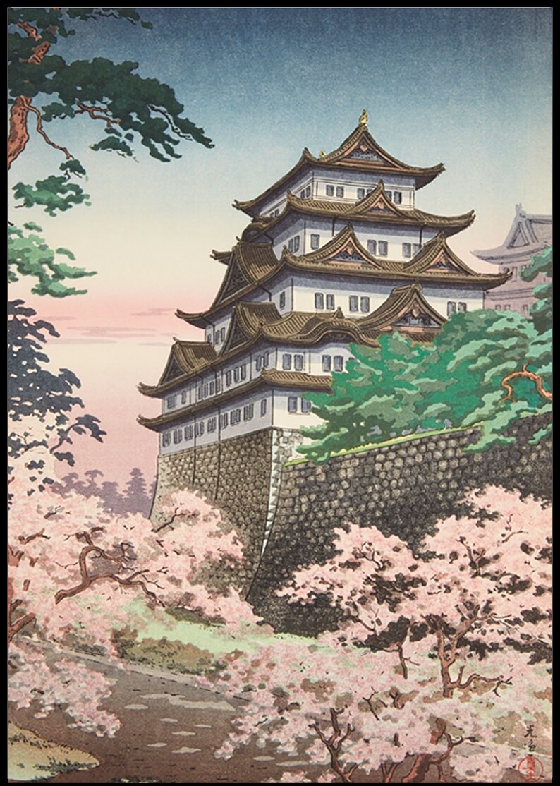 Japanese Vintage Style Art Japanese Castle With Cherry Blossoms Koitsu ...