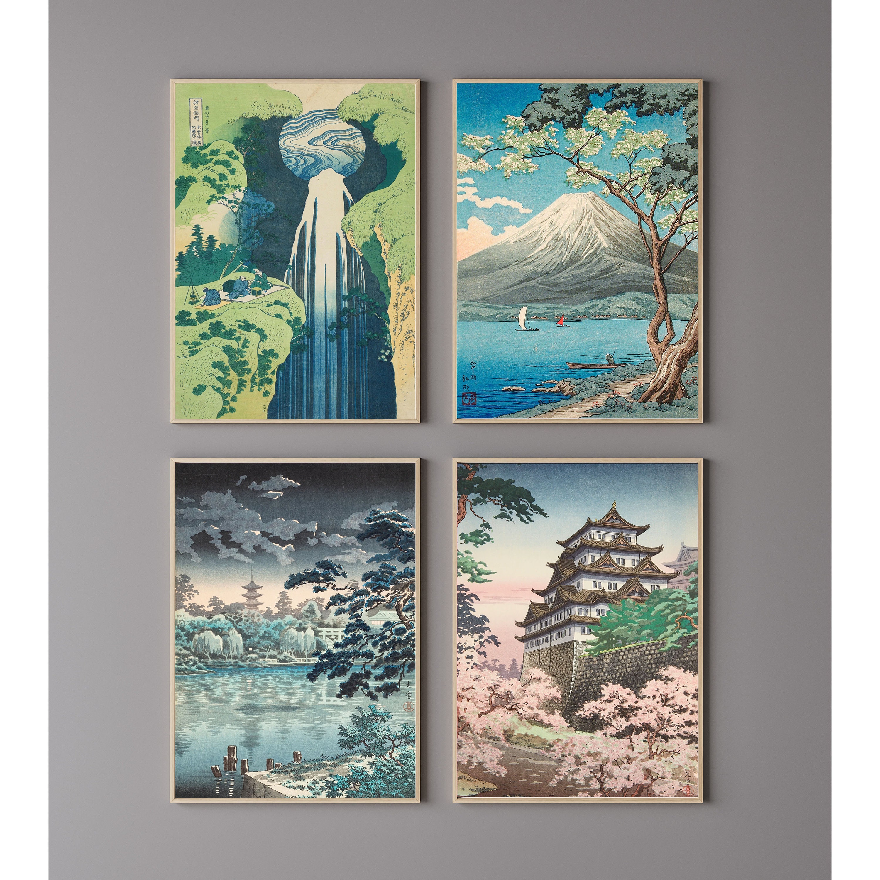 Japanese Vintage Art Set of 4 Ukiyo-e Poster Prints Watercolour ...