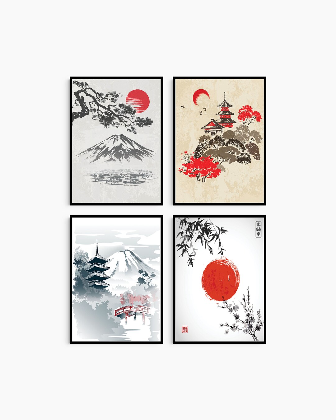 Japanese Vintage Style Art Set of 4 Poster Prints Watercolour Painting ...