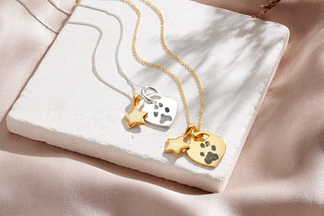 Two Tone Star Paw Print Necklace - Sterling Silver Heart Charm Necklace ...