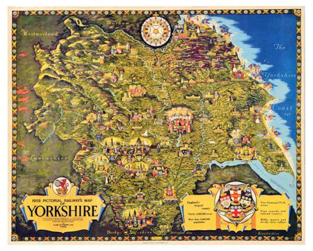 Vintage 1959 British Rail Railway Map of Yorkshire Railway Poster Print ...