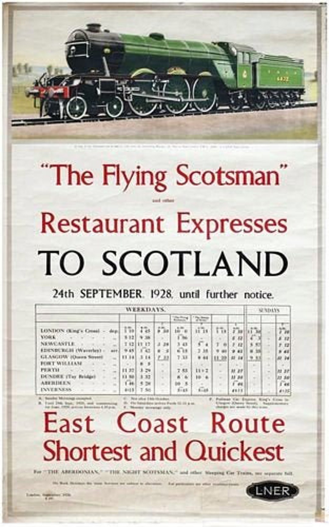 Vintage LNER 1928 Flying Scotsman Timetable Railway Poster A3/A4 Print ...