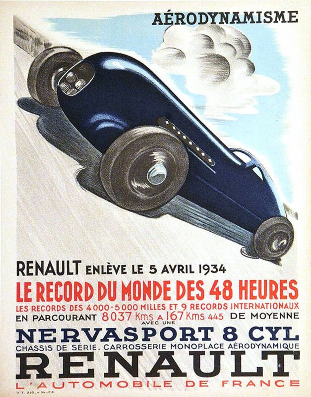 Vintage 1934 Renault World Distance Record Motoring Poster Print A3/A4 ...
