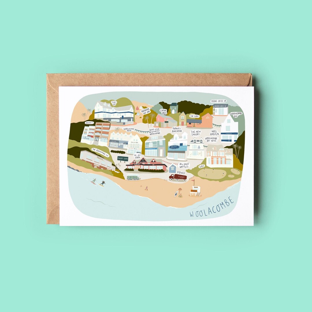 Woolacombe Beach Card, Illustrated Map North Devon Card, Devon Gift ...