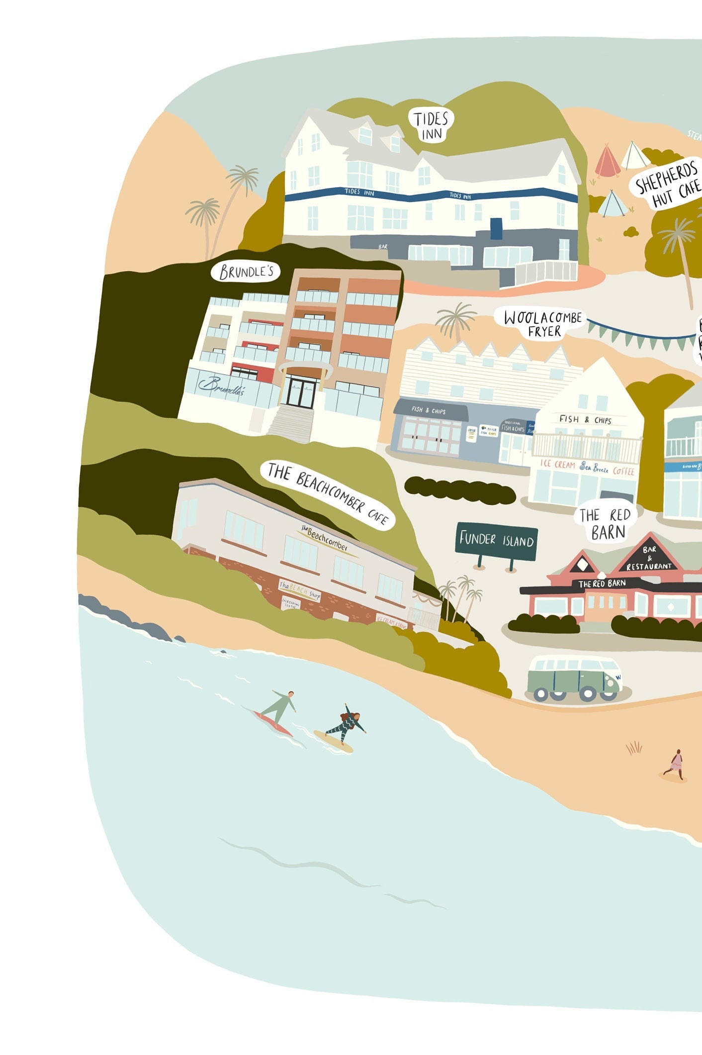 Woolacombe beach card Illustrated map North Devon card Devon - Etsy ...