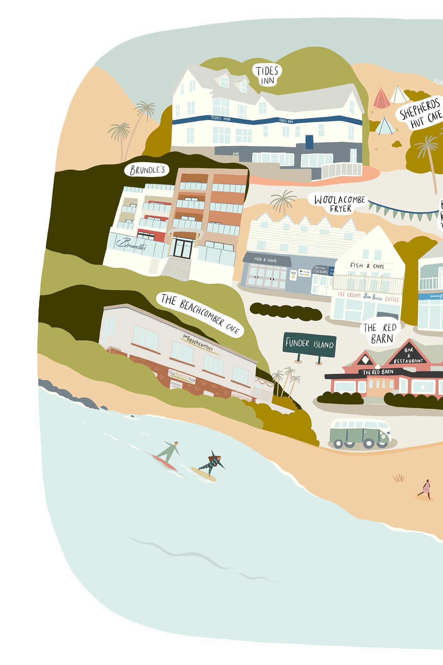 Woolacombe Beach Art Illustrated Map North Devon Print - Etsy UK