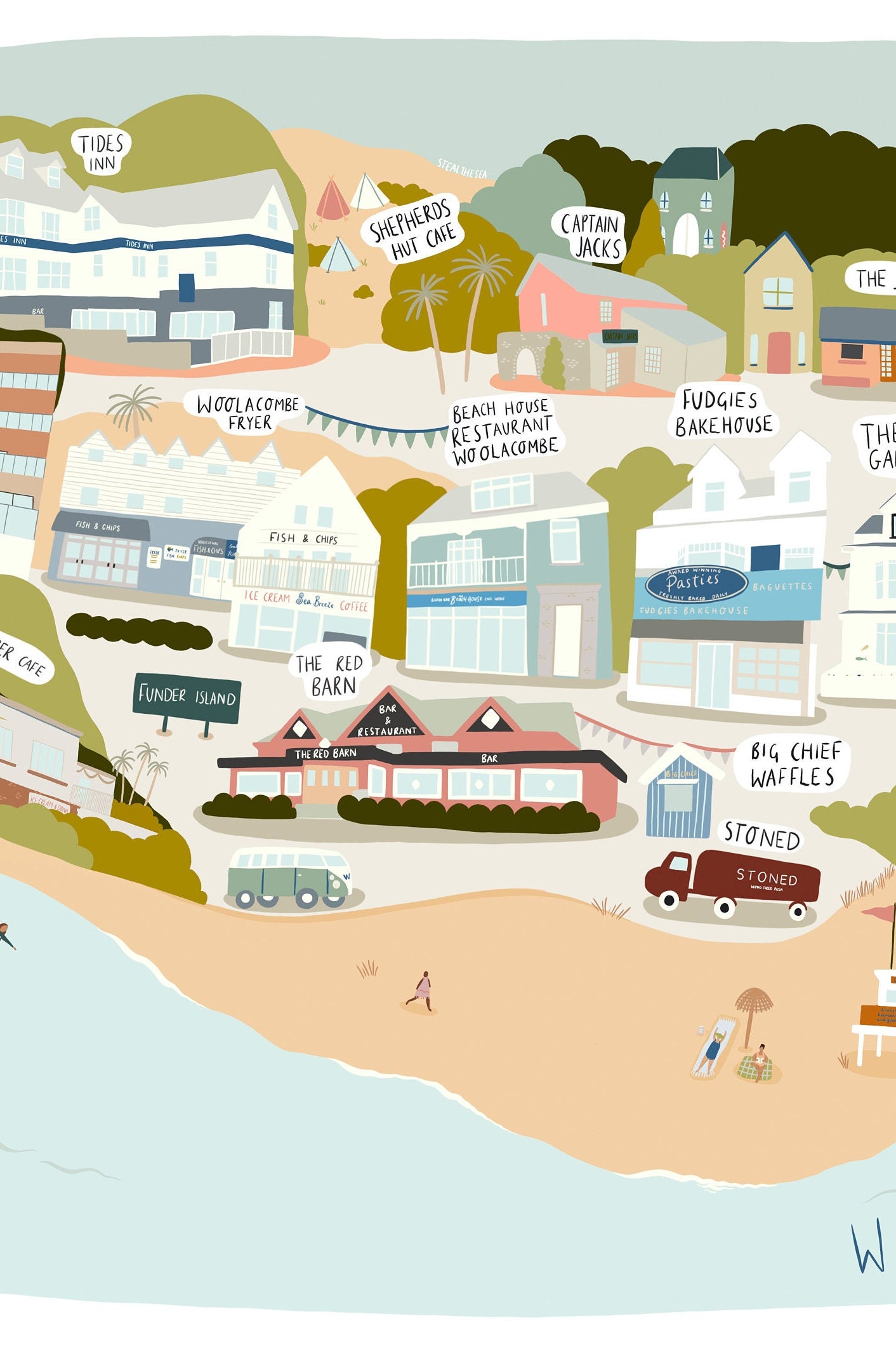Woolacombe Beach Art Illustrated Map North Devon Print - Etsy UK
