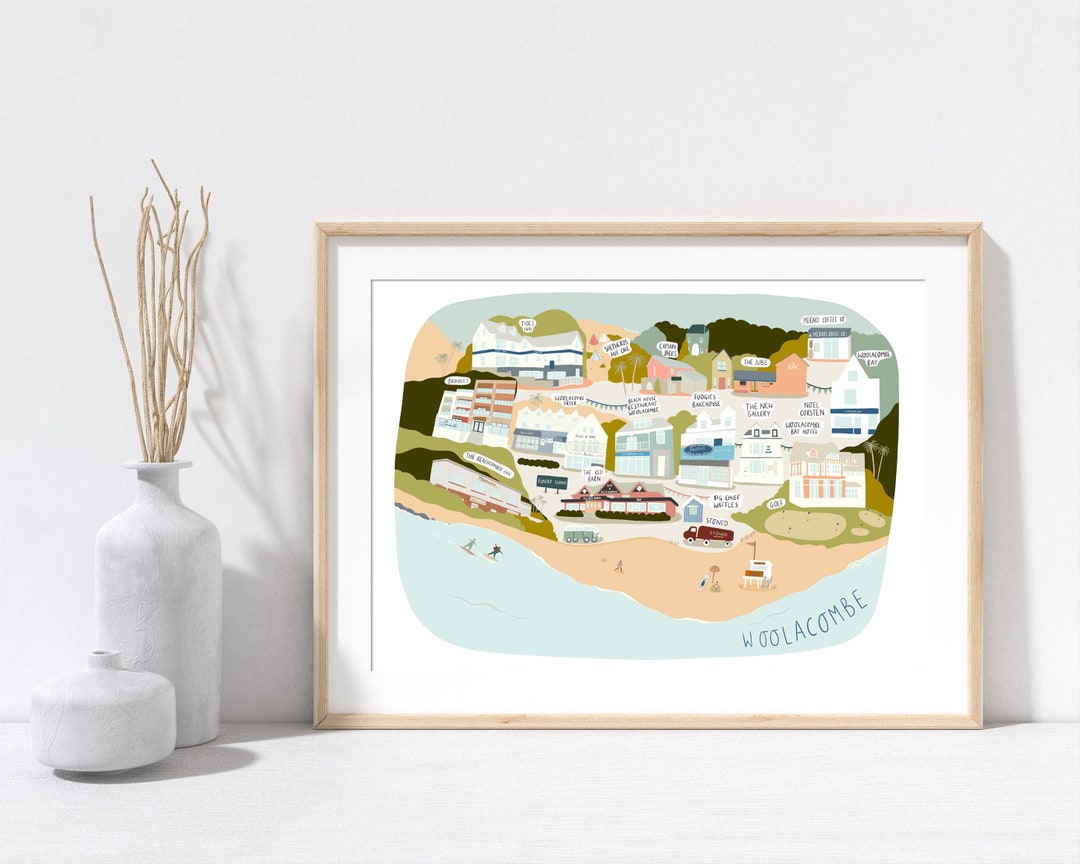 Woolacombe Beach Art | Illustrated Map North Devon Print | Devon Gift ...