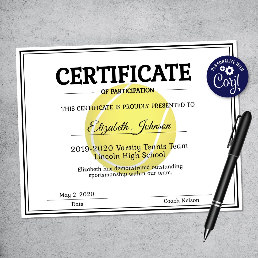 Editable Tennis Certificate Template - Printable Certificate Template ...