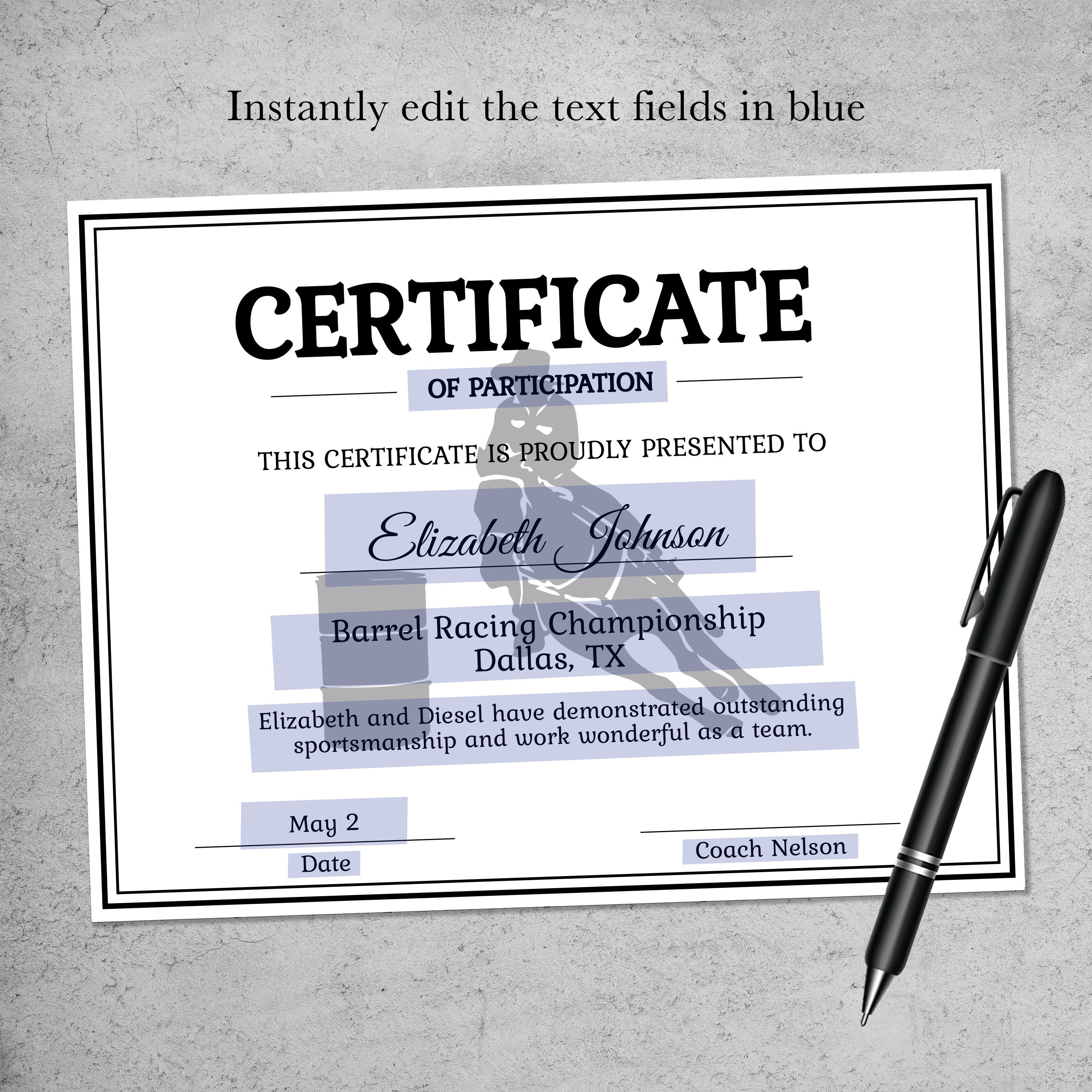 Editable Barrel Racing Horse Certificate Template - Printable ...