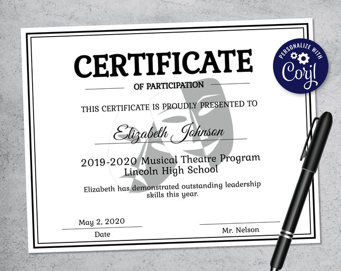 Printable Theatre Certificate Template Performing Arts | Etsy
