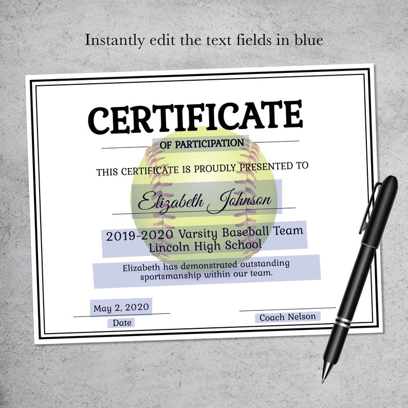 Editable Softball Certificate Template Printable Certificate Etsy New 