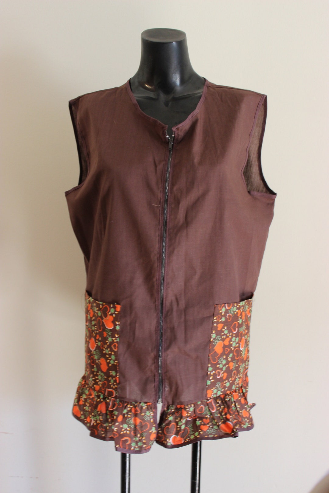 Vintage Button up Apron Vest, Brown W/ Orange Floral Pockets - Etsy