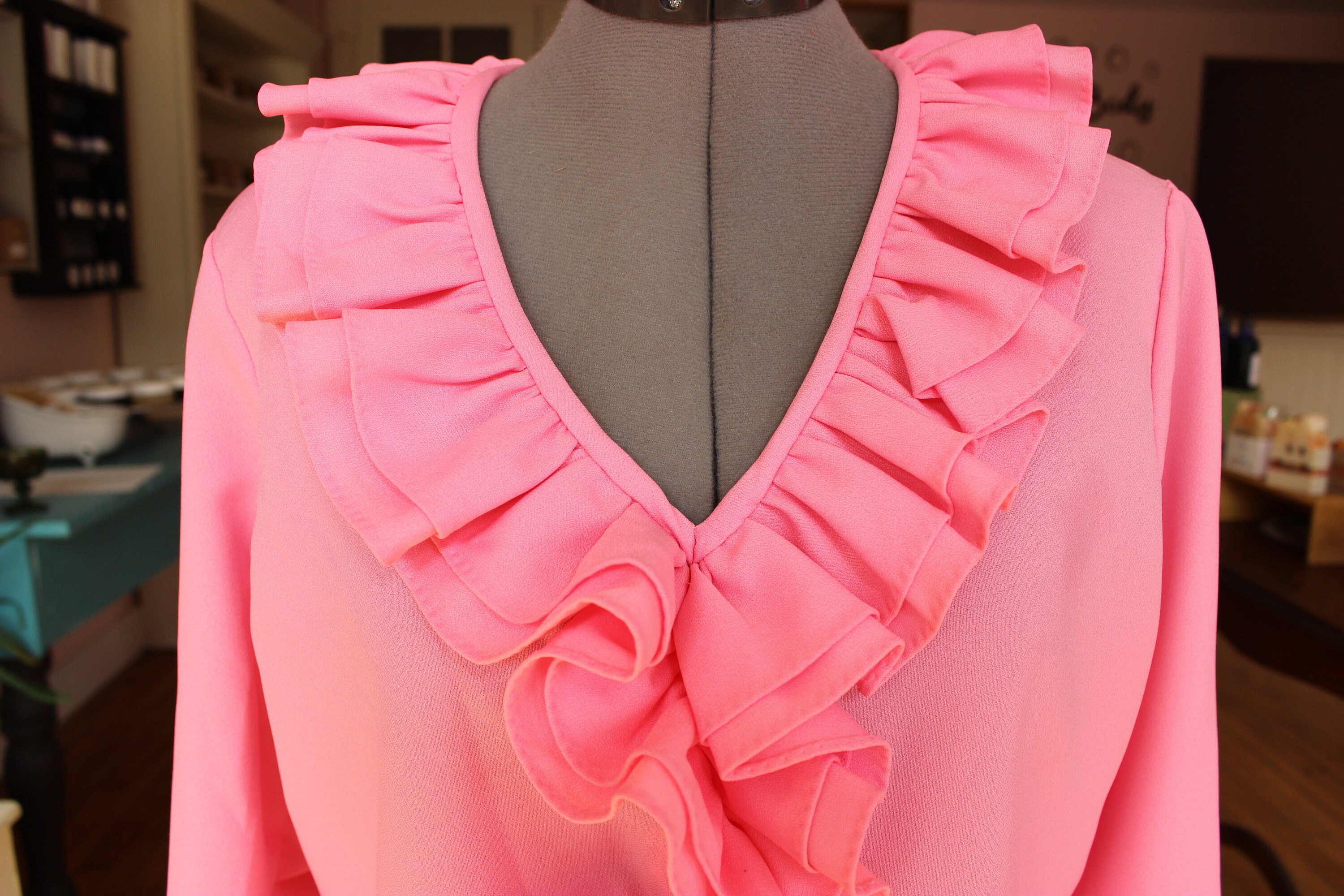 Vintage Rhoda Lee Women's Bright Pink Secretary Ruffled Blouse, Long Sleeve Zip Back. Size: 14 ...