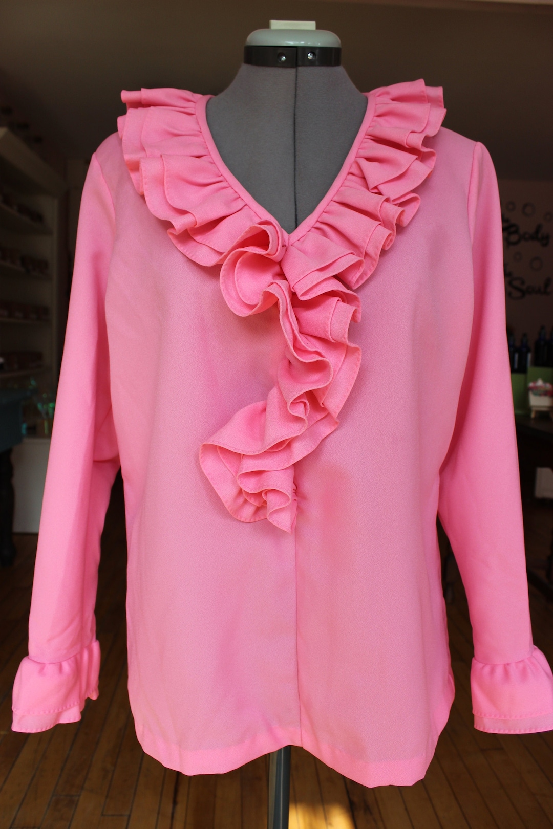 Vintage Rhoda Lee Women's Bright Pink Secretary Ruffled Blouse, Long ...