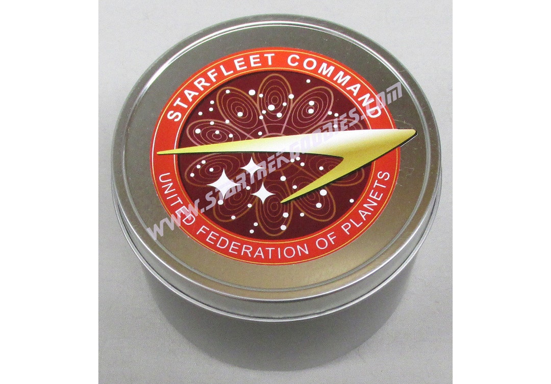 COOL Star Trek TIN With Red Starfleet Command / UFP Vinyl Label on Top ...