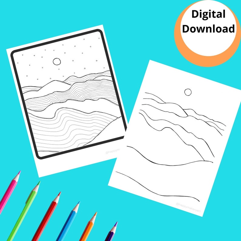 Mountains and Moon Coloring Pages - Etsy