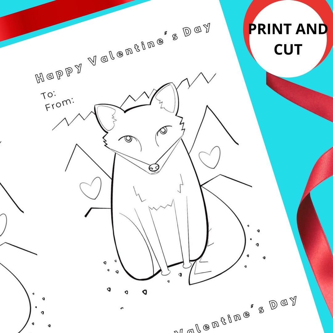 Class Valentines Printable Fox With Hearts Coloring Valentine - Etsy