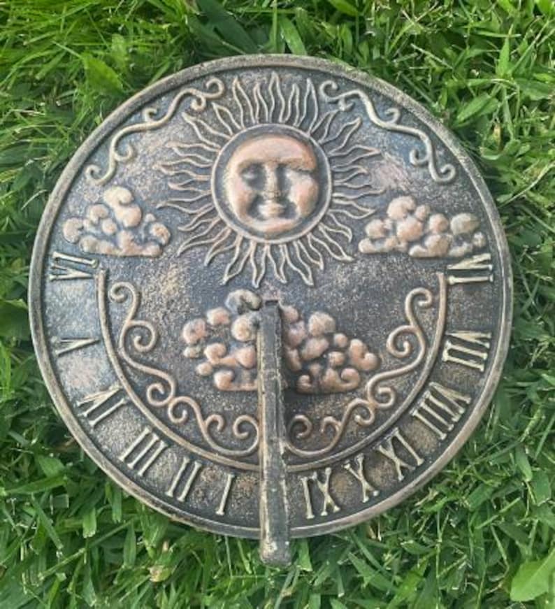 Garden Sundial Only, 10” Round, Sun & Clouds Roman Numeral Design ...